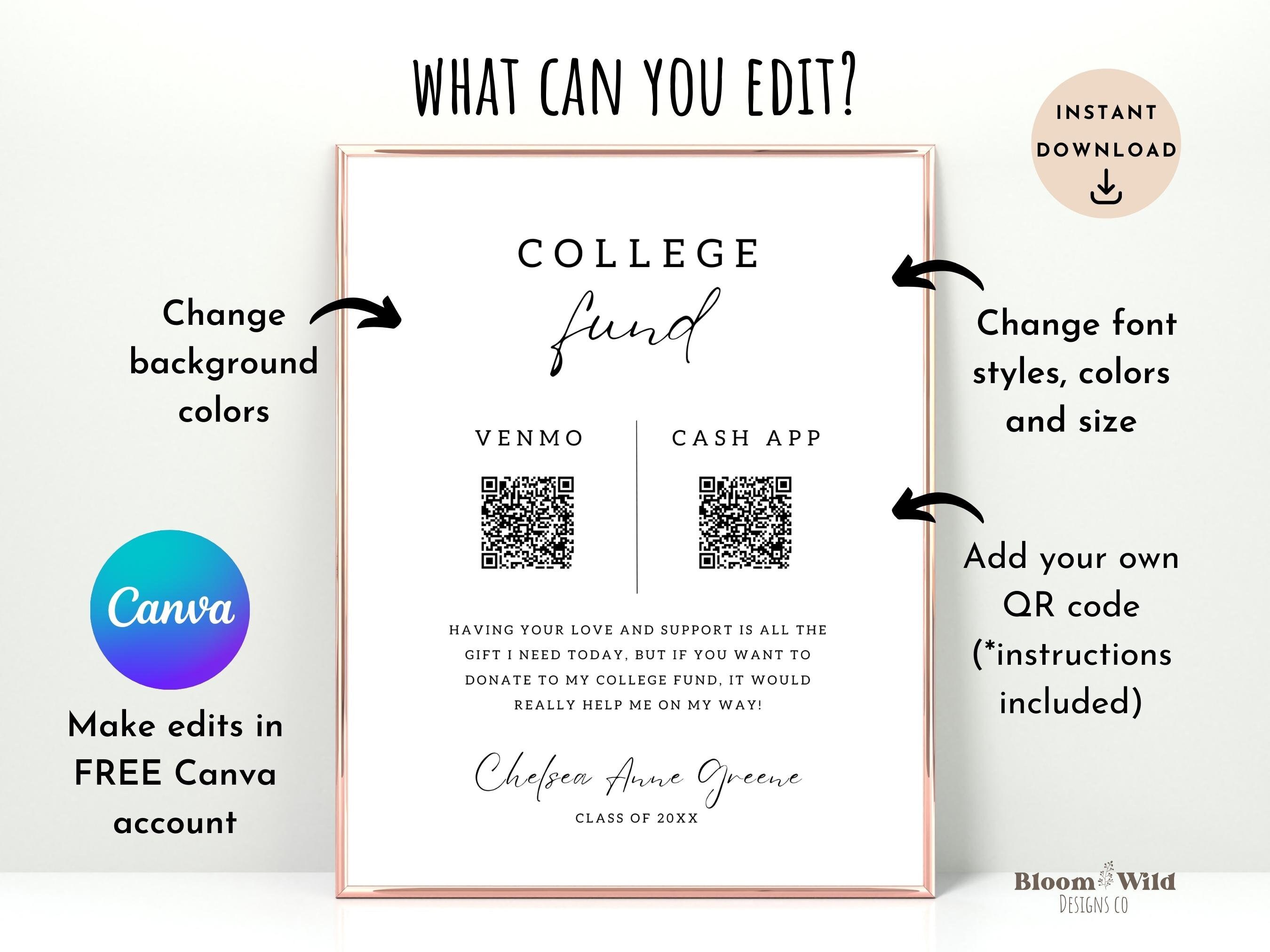 Graduation QR Code Sign, College Fund QR Code Canva, Venmo QR Code ...