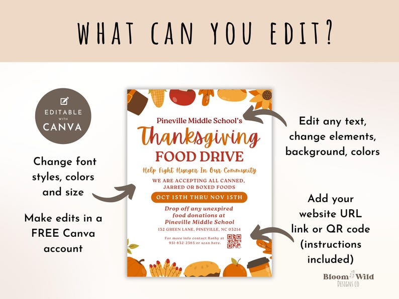 Thanksgiving Food Drive, Food Drive Flyer, Editable Charity Food Drive ...