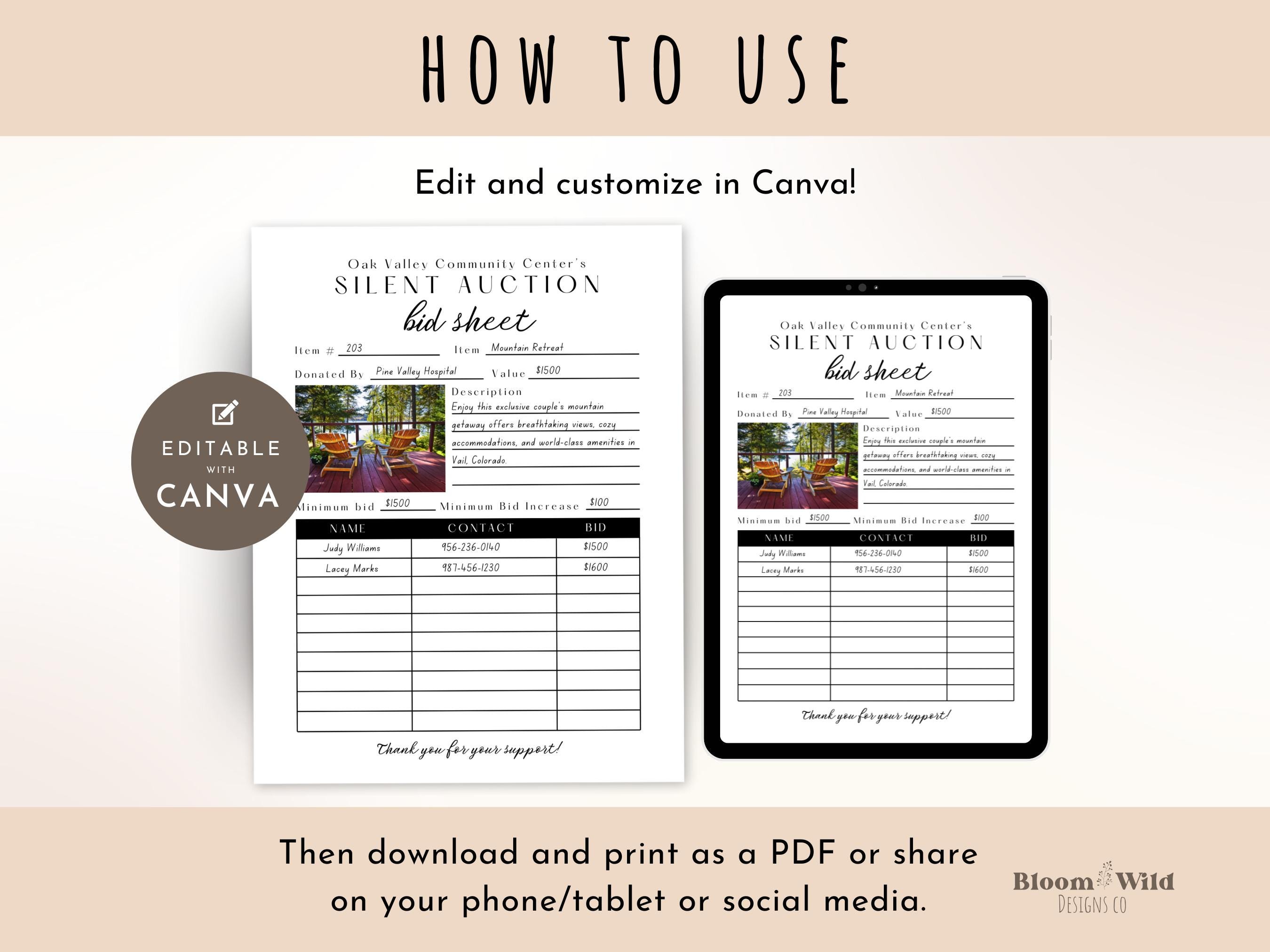 Silent Auction Bid Sheet Canva Template, Silent Auction Item ...