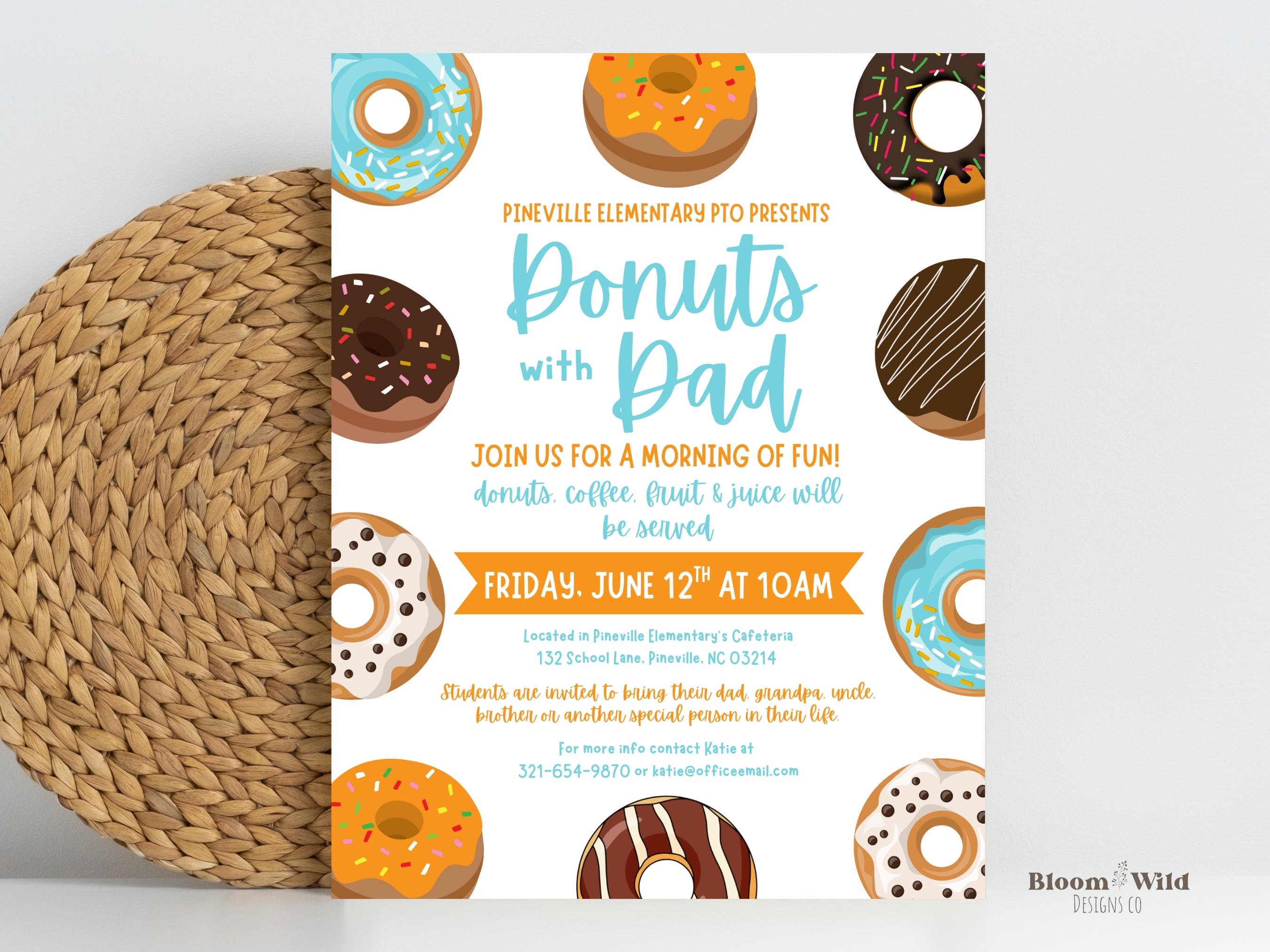 Donuts With Dad Printable Flyer, Donuts With Dad Invitation, Breakfast ...