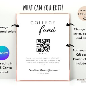 College Fund QR Code Canva, Venmo QR Code Grad, Graduation Gift Sign ...