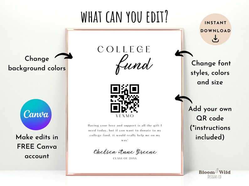 College Fund QR Code Canva, Venmo QR Code Grad, Graduation Gift Sign ...