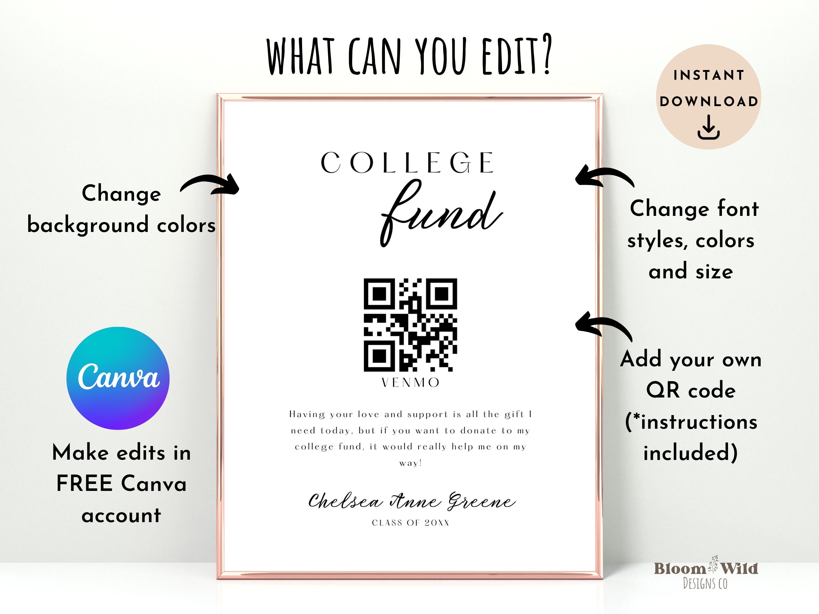 College Fund QR Code Canva, Venmo QR Code Grad, Graduation Gift Sign ...