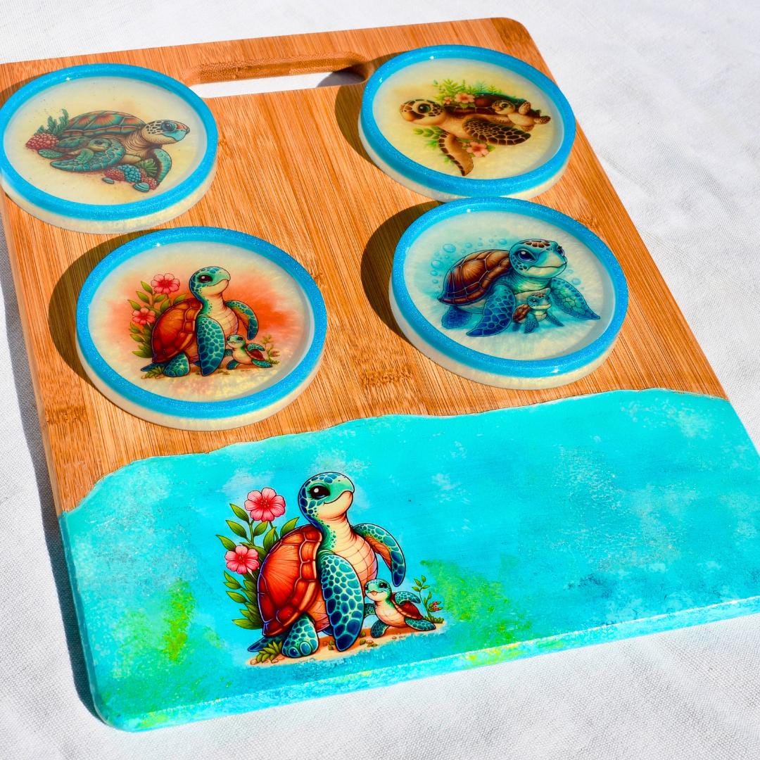 New Mom Sea Turtle Gift, Bamboo Sea Turtle Board W Coasters, Sea Turtle ...