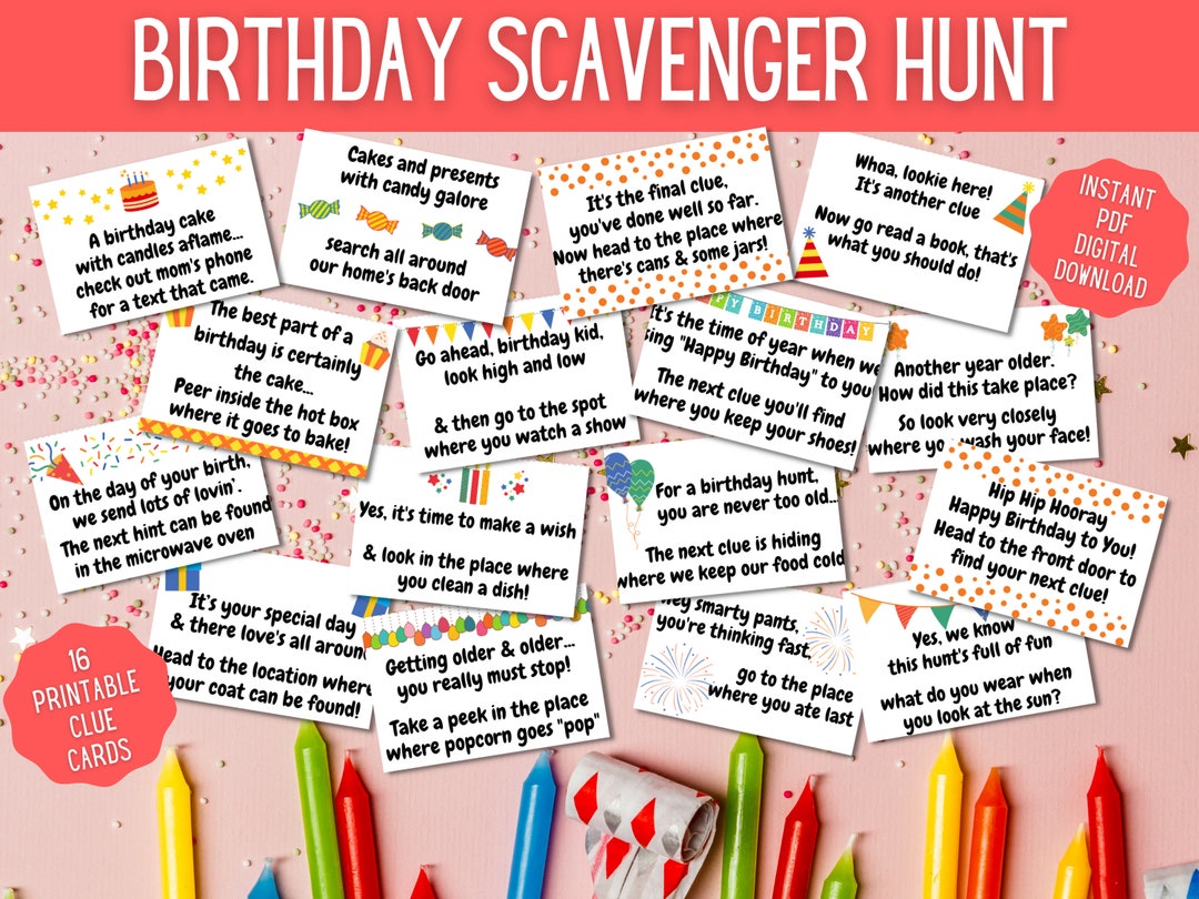 BIRTHDAY SCAVENGER HUNT Printable for Kids Indoor Treasure Hunt Clues ...
