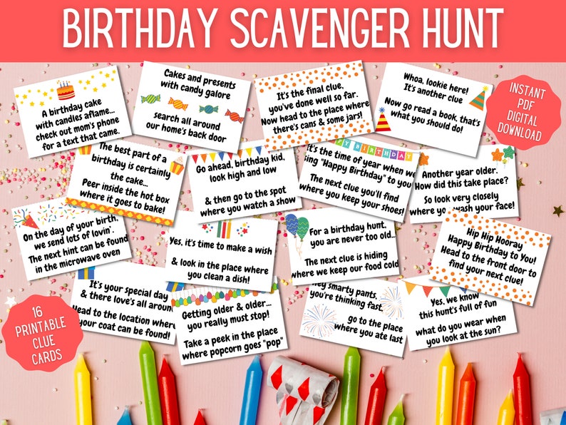 BIRTHDAY SCAVENGER HUNT Printable for Kids Indoor Treasure Hunt Clues ...