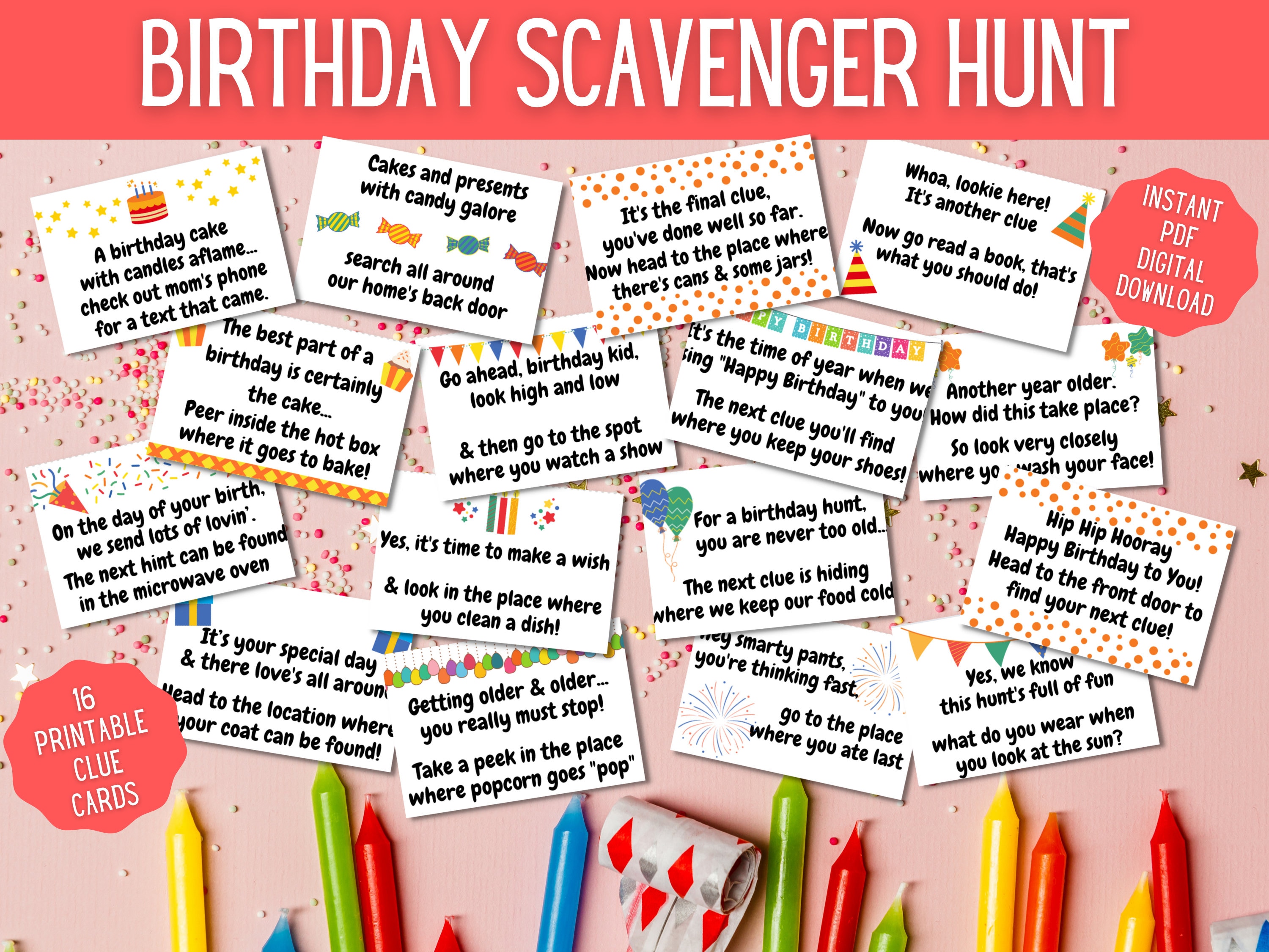 BIRTHDAY SCAVENGER HUNT Printable for Kids Indoor Treasure Hunt Clues ...