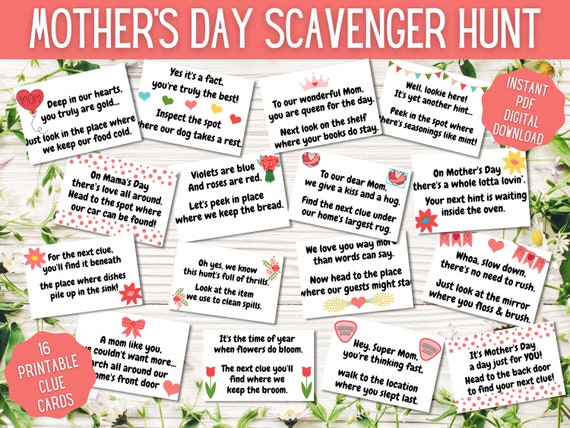Mothers Day Scavenger Hunt Printable Clues Indoor Treasure - Etsy