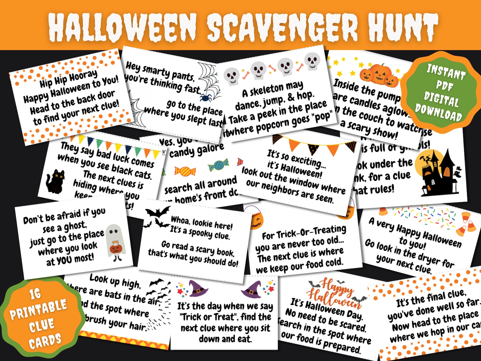 Halloween Scavenger Hunt Printable Clues - Indoor Treasure Hunt Hints ...