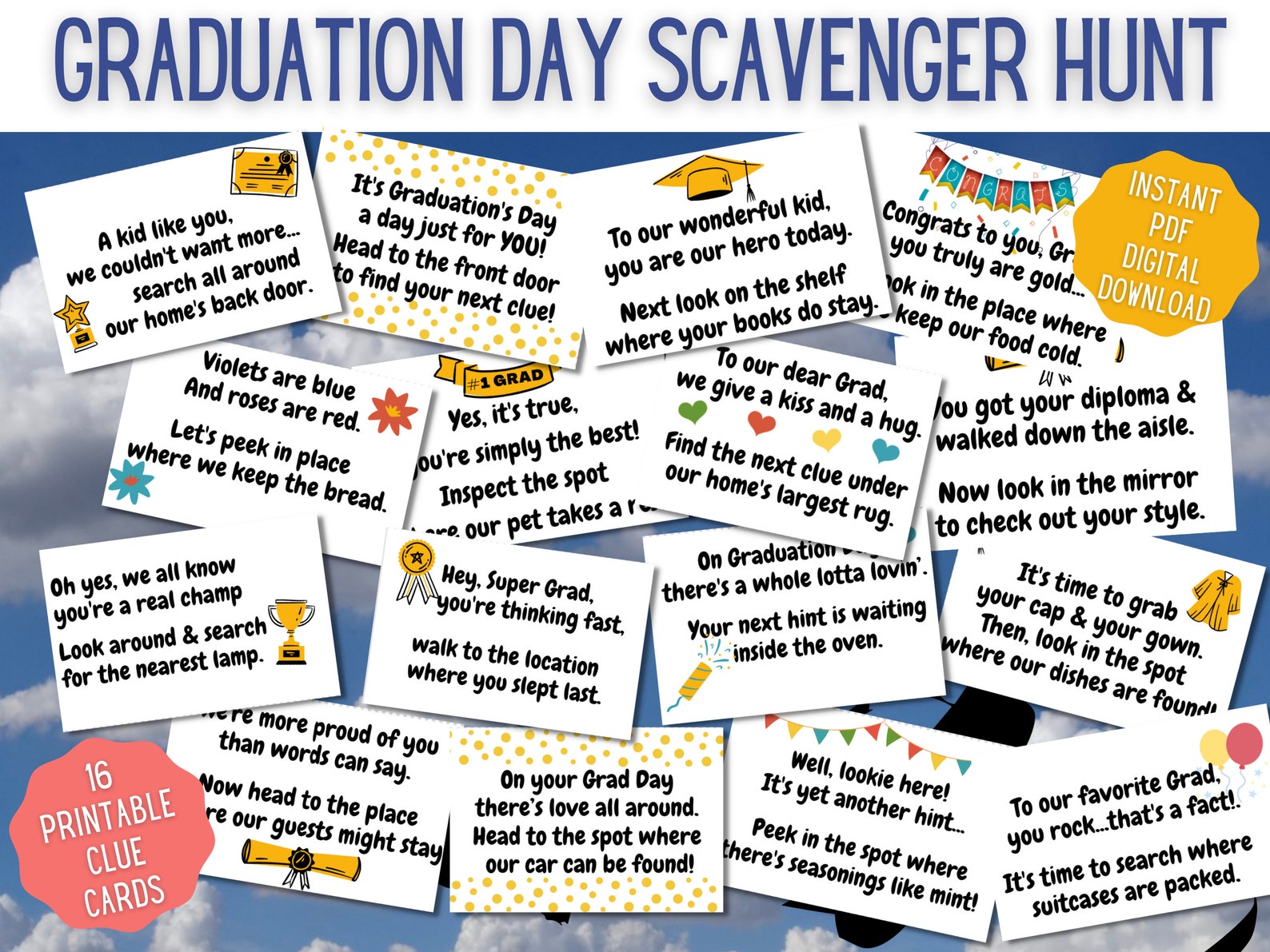 Graduation Day Scavenger Hunt Printable Clues Indoor Treasure Hunt ...