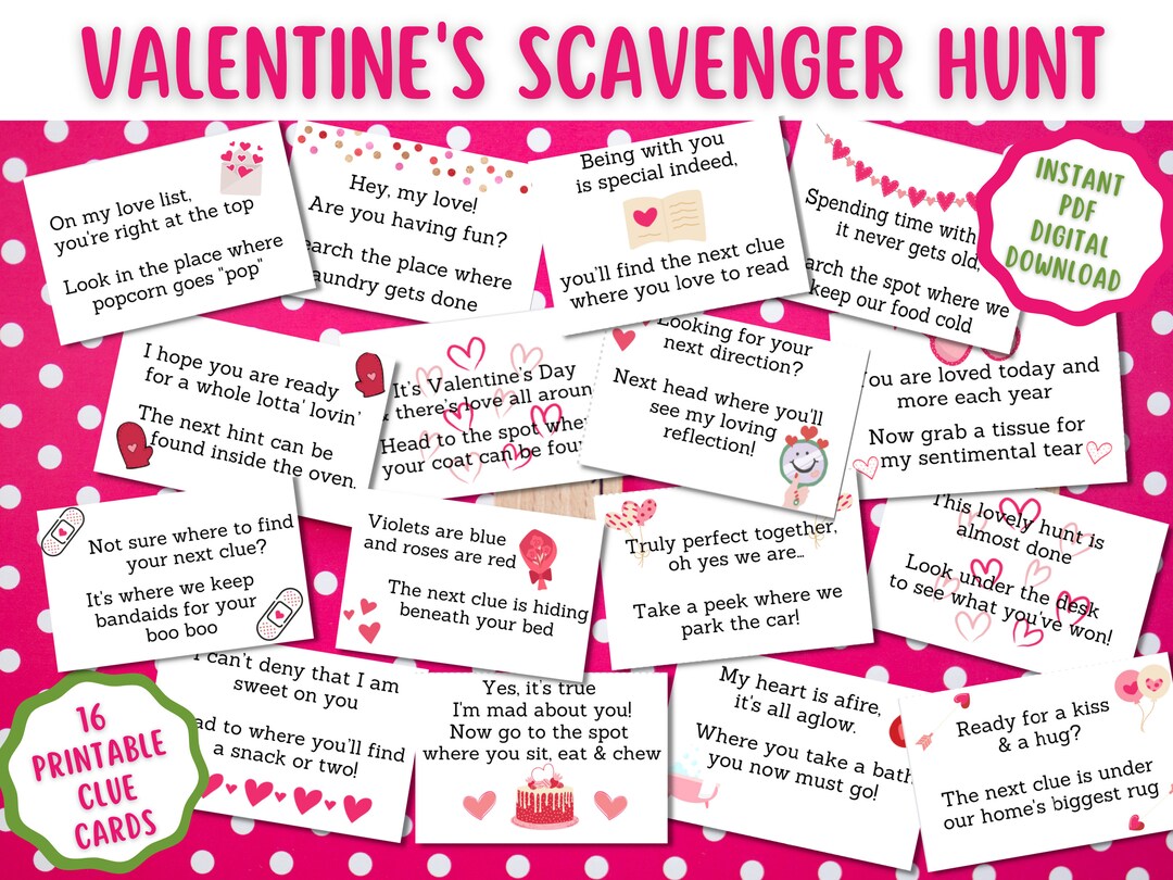 Valentine's Day Scavenger Hunt Printable Clues - Indoor Treasure Hunt ...