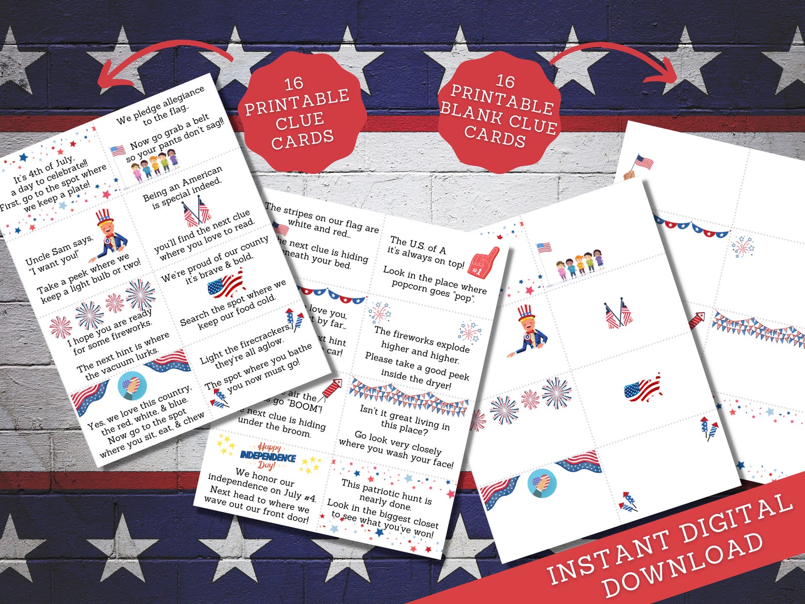 4th of July Scavenger Hunt Printable Clues - Indoor Treasure Hunt Hints ...