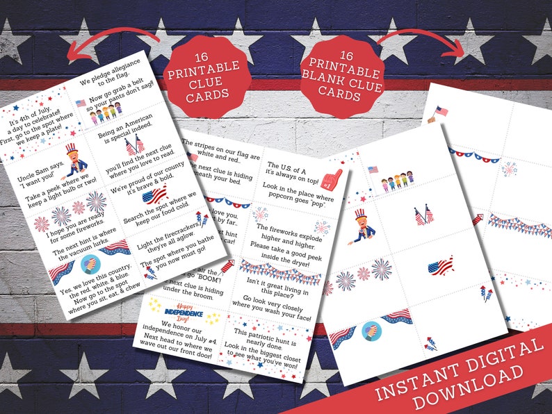 4th of July Scavenger Hunt Printable Clues - Indoor Treasure Hunt Hints ...