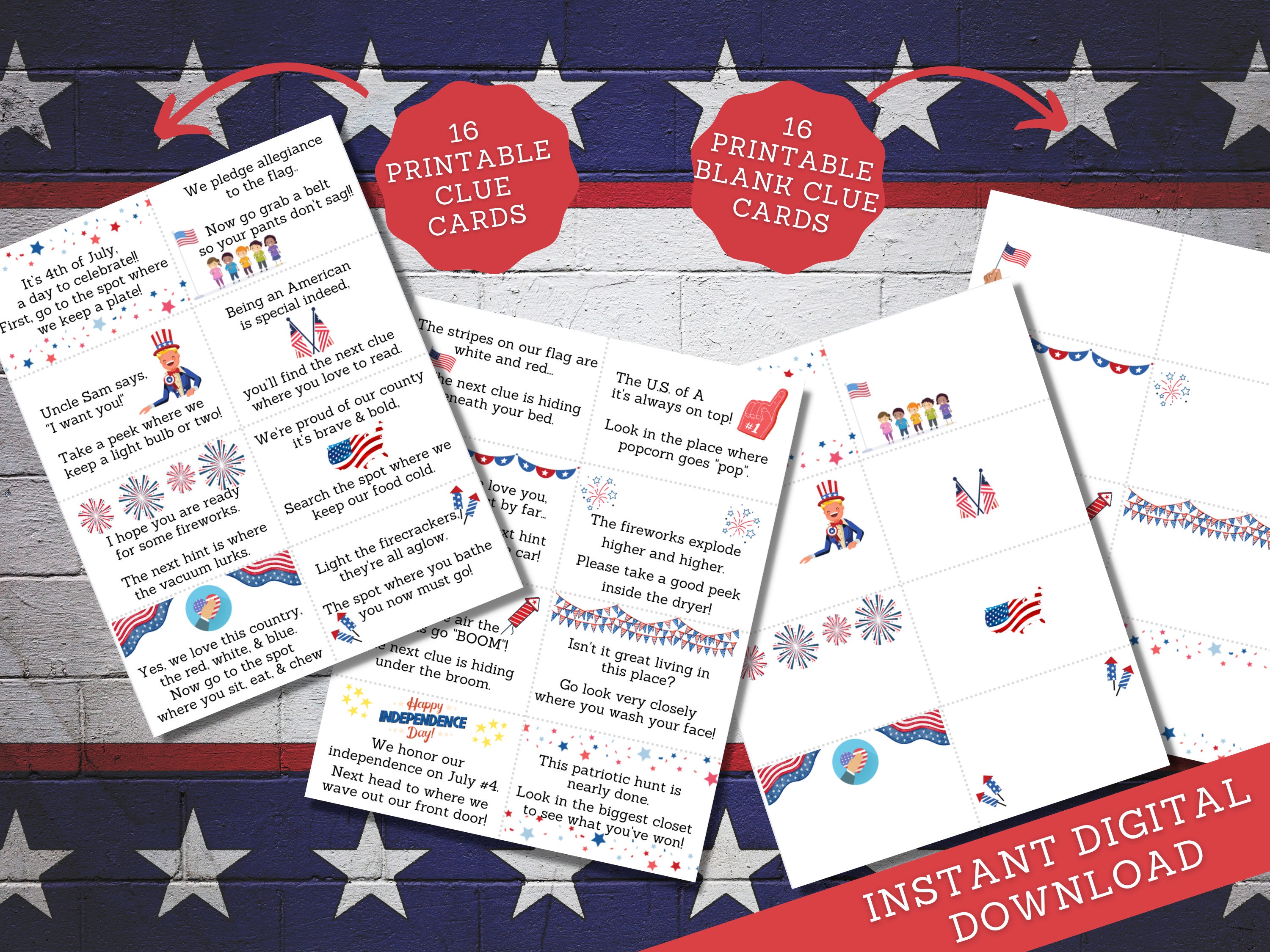 4th of July Scavenger Hunt Printable Clues - Indoor Treasure Hunt Hints ...