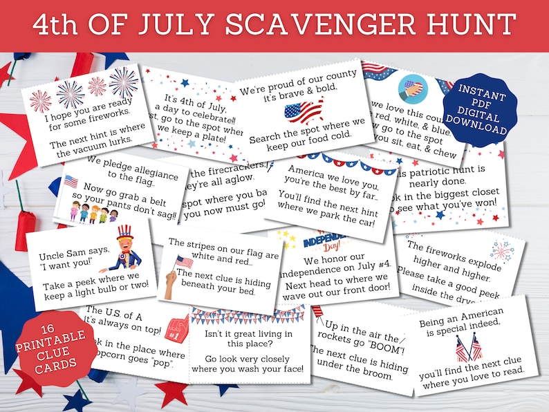 4th of July Scavenger Hunt Printable Clues - Indoor Treasure Hunt Hints ...