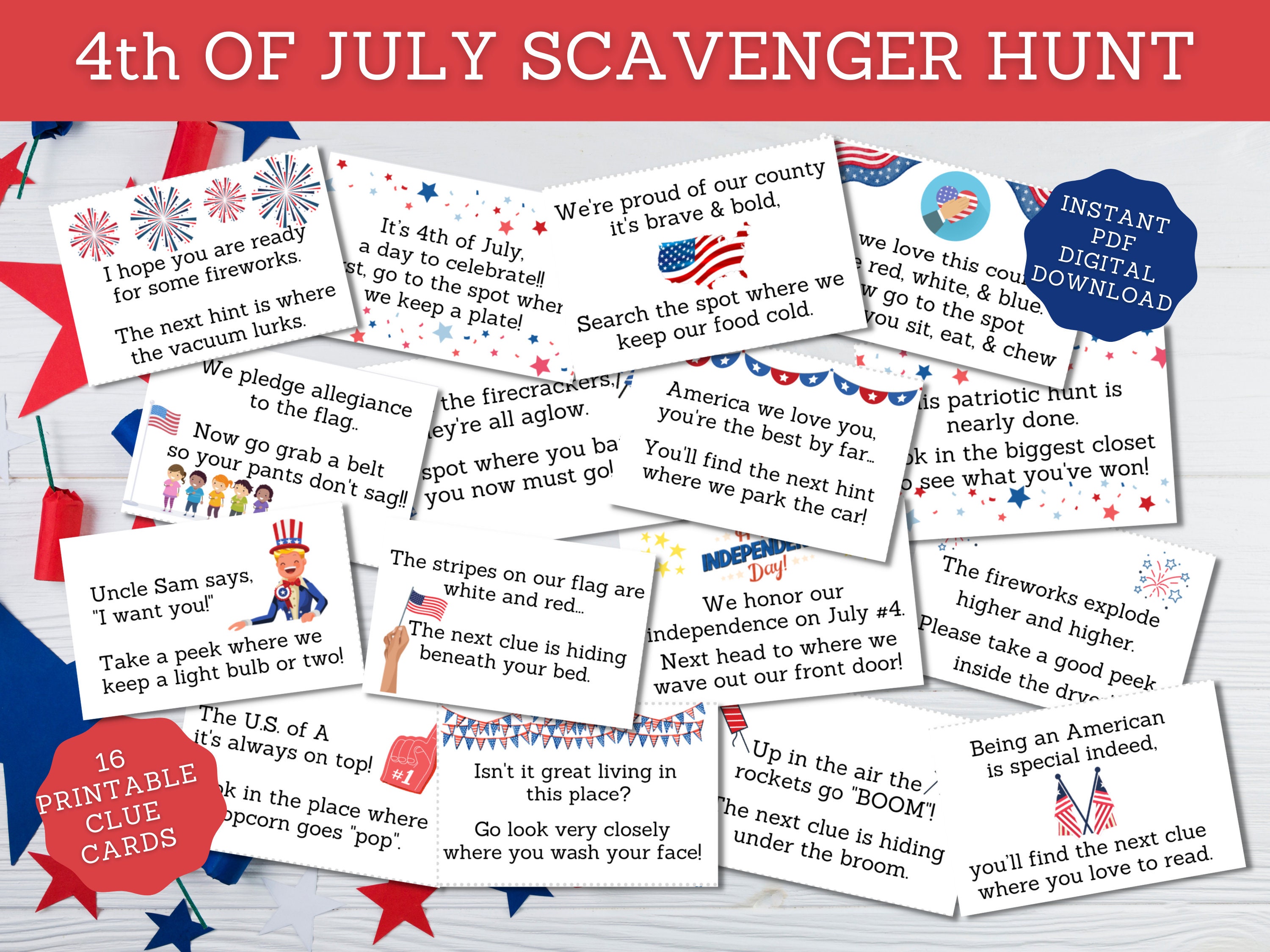 4th of July Scavenger Hunt Printable Clues - Indoor Treasure Hunt Hints ...