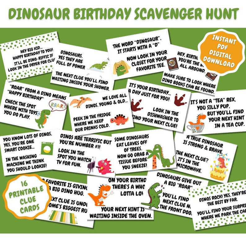 DINOSAUR BIRTHDAY Scavenger Hunt - Kids Dino Treasure Hunt Clues ...