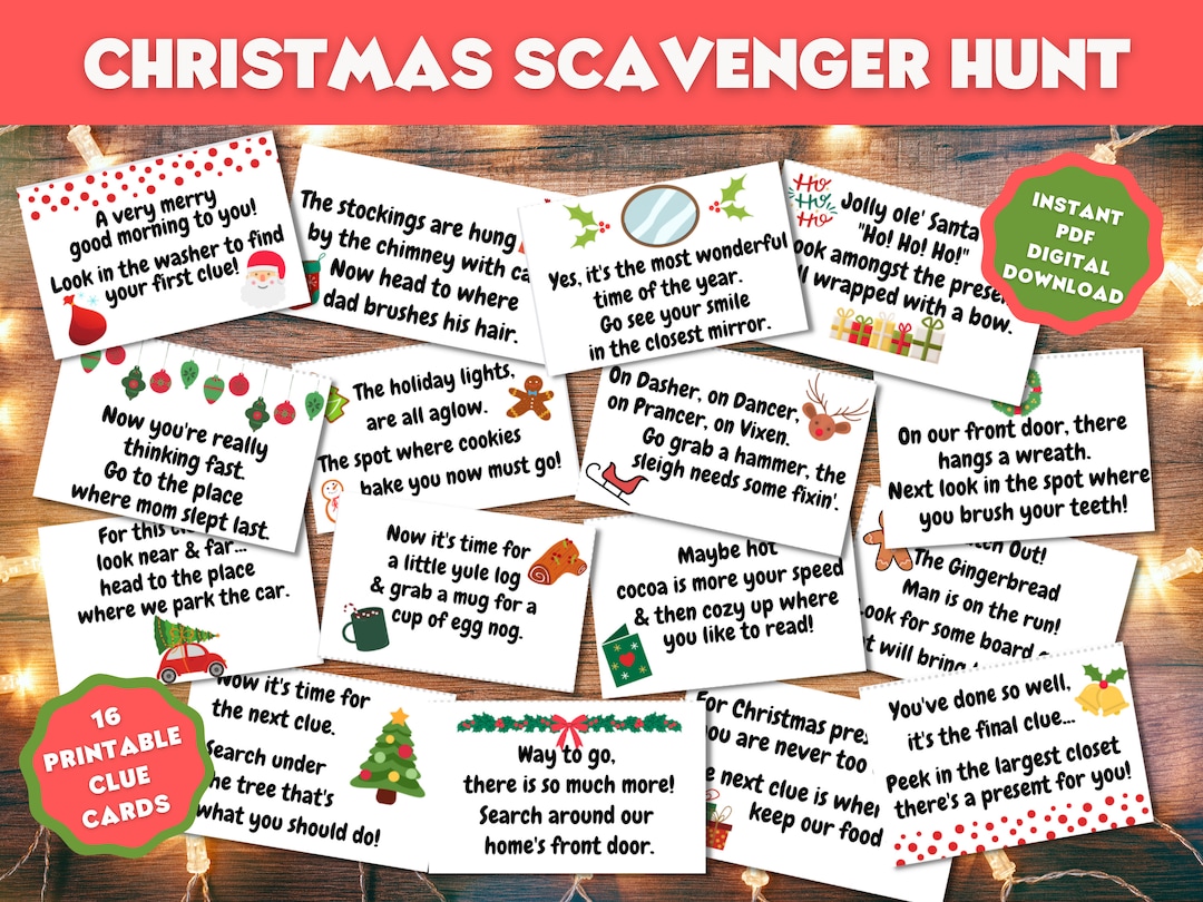 Christmas Scavenger Hunt Printable Clues - Indoor Treasure Hunt Hints ...