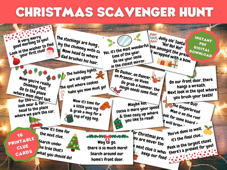 Christmas Scavenger Hunt Printable Clues - Indoor Treasure Hunt Hints ...