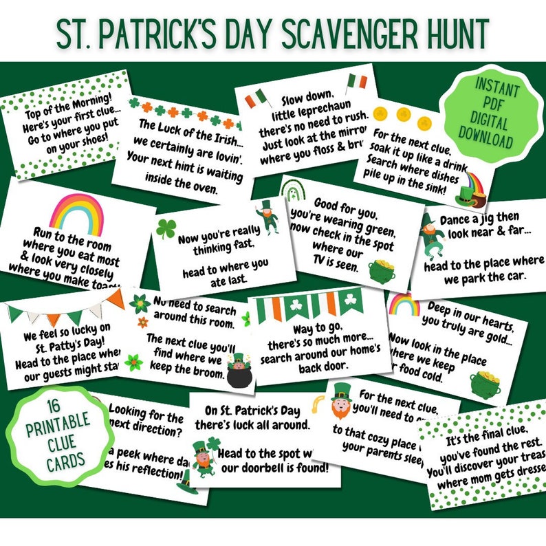 St. Patrick's Day Scavenger Hunt Printable Rhyming Card Clues - St ...
