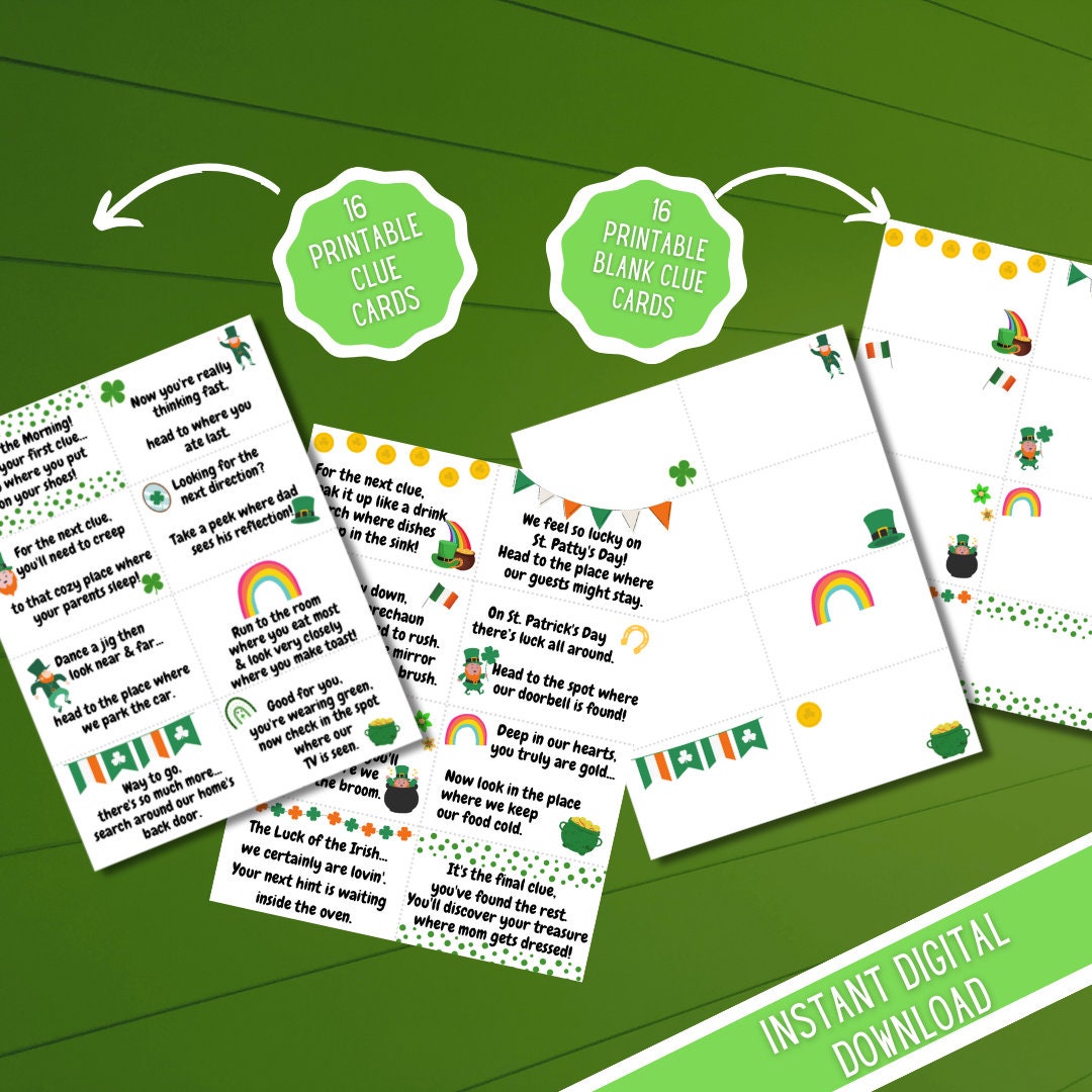 St. Patrick's Day Scavenger Hunt Printable Rhyming Card Clues - St ...