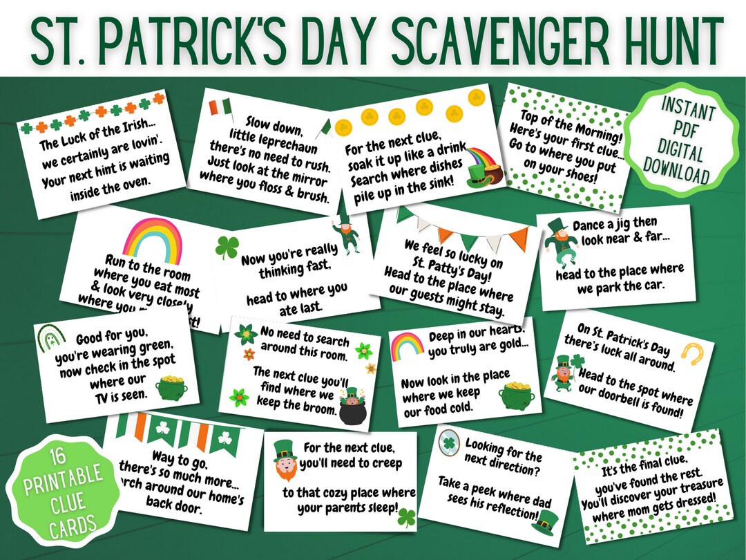 St. Patrick's Day Scavenger Hunt Printable Clues Indoor - Etsy