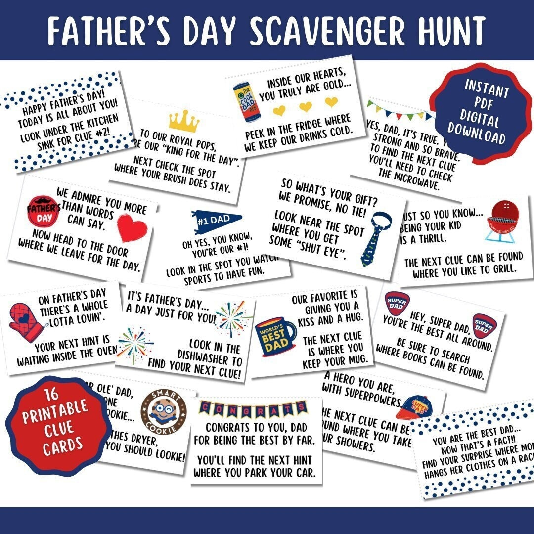FATHER'S DAY Scavenger Hunt Printable Clues - Indoor Treasure Hunt ...