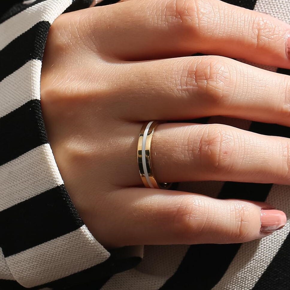 14 18K Solid Gold White Enamel Band Ring Stacking Band - Etsy