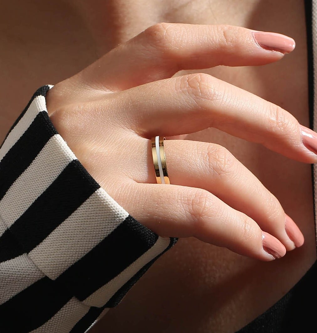 14 18K Solid Gold White Enamel Band Ring Stacking Band - Etsy