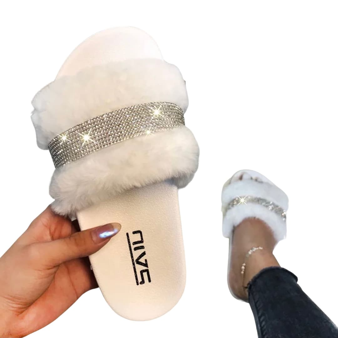 Women's Super Soft Faux Fur Crystal Slides / Sparkling Slippers ...