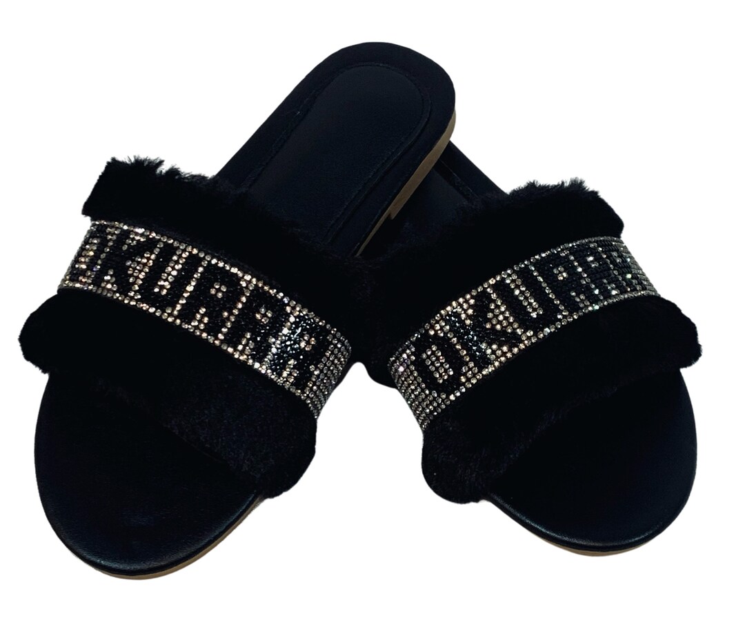Faux Fur Crystal Slides Okurr Slippers Gold Digger Slides Rhinestone ...