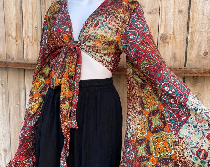 Ruffle Sleeve Wrap Top With Front Tie Long Bell Sleeve Patchwork And