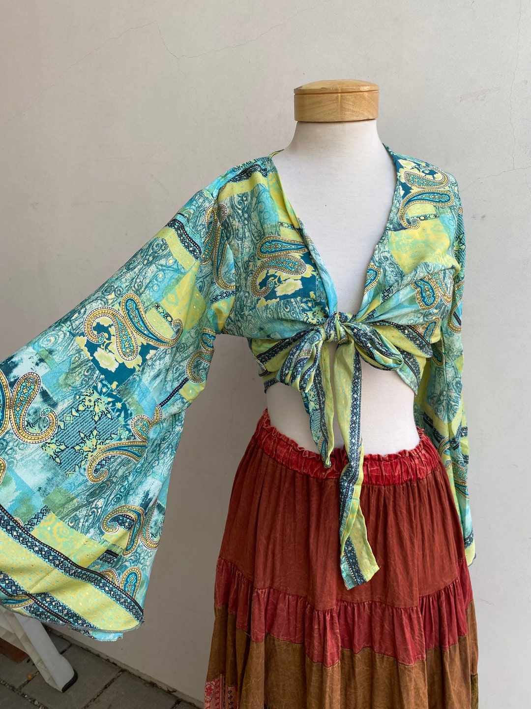 Bohemian 70s Hippie Long Bell Sleeve Wrap Top, Festival Boho Fairy ...