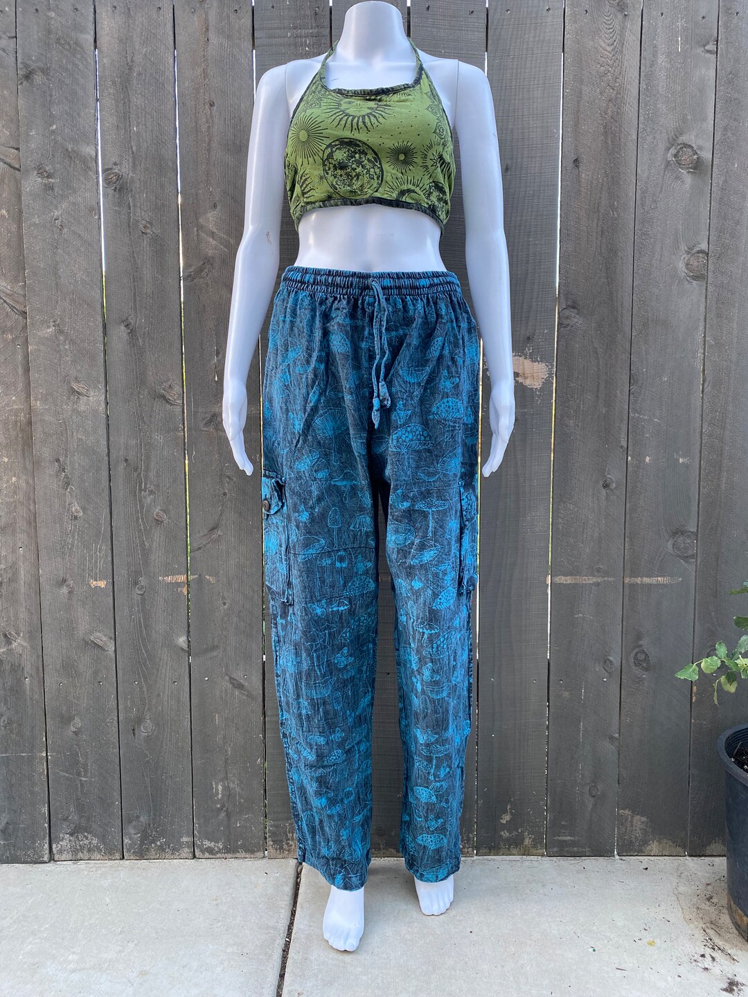 Stonewashed Pants With Mushroom Print, Unisex Cotton Hippie Pants ...