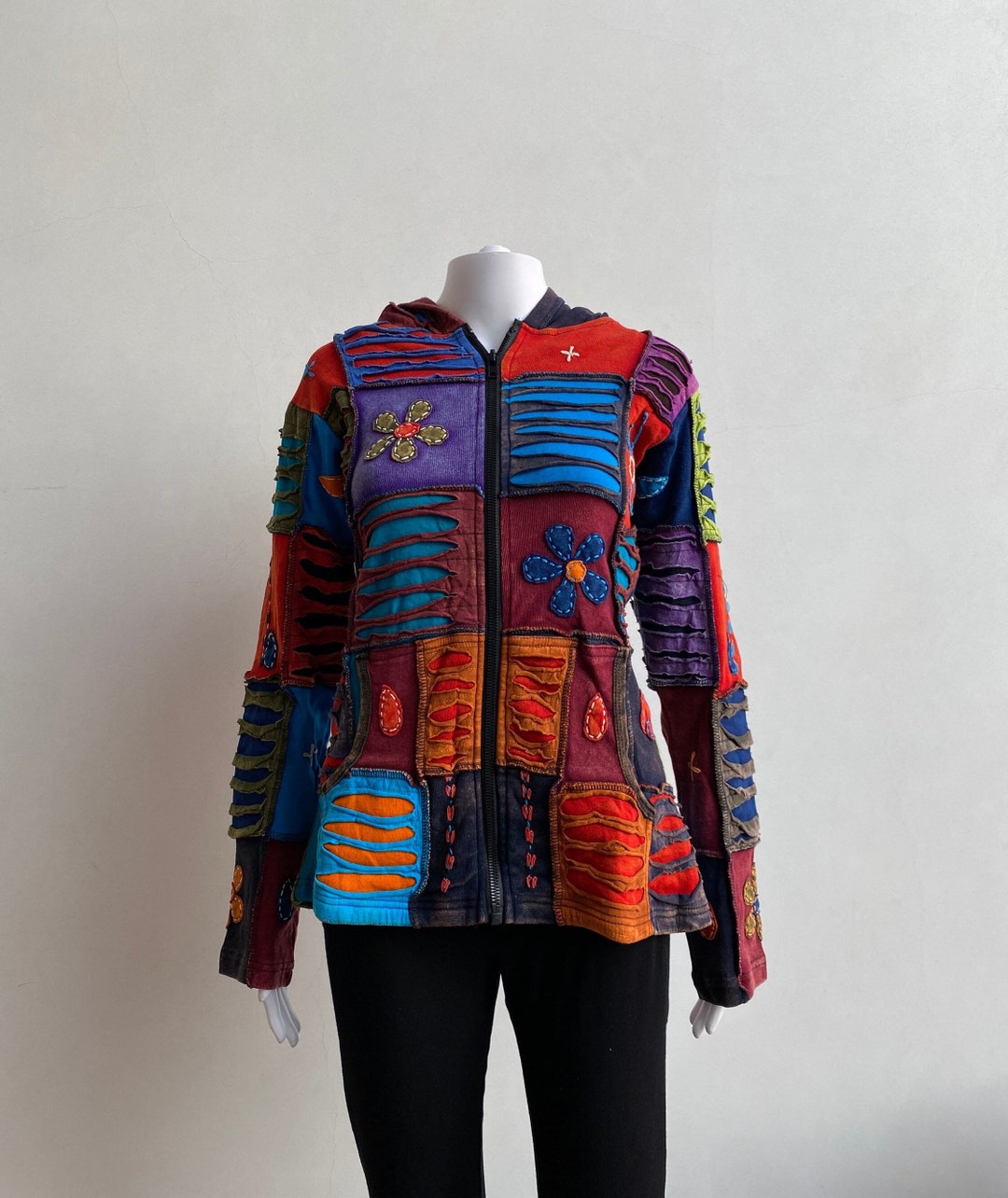 Nepali Hippie Sweater With Hoodie Patchwork With Flower - Etsy