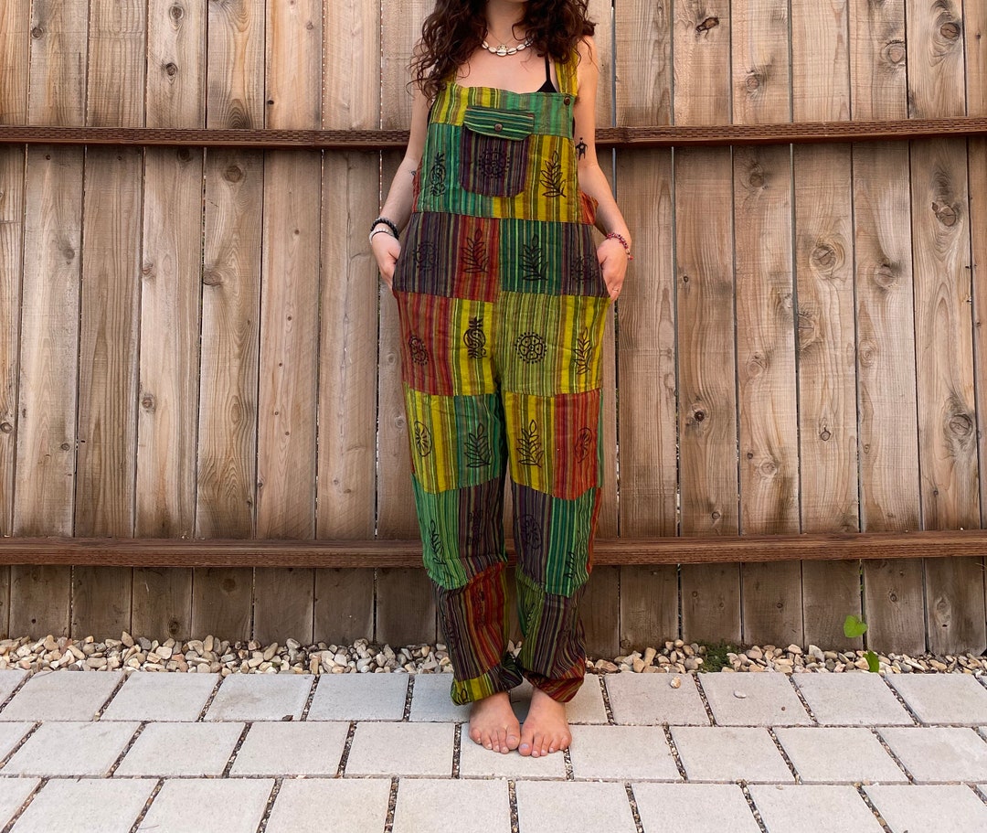 Rasta Colored Patchwork Overalls, Unisex, Straight Leg, Comfy Hippie ...