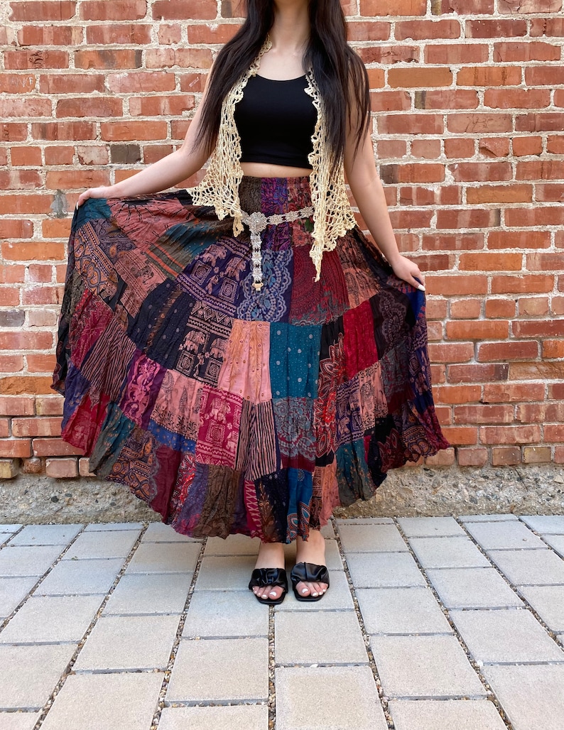 Long Boho Maxi Patchwork Skirt, Hippie Grunge Fairycore Skirt, Earthy ...