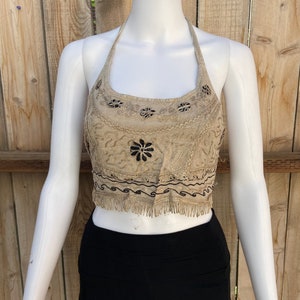 Women’s Boho Festival Crop Top With Flower Design and Tassel Hem, Open ...