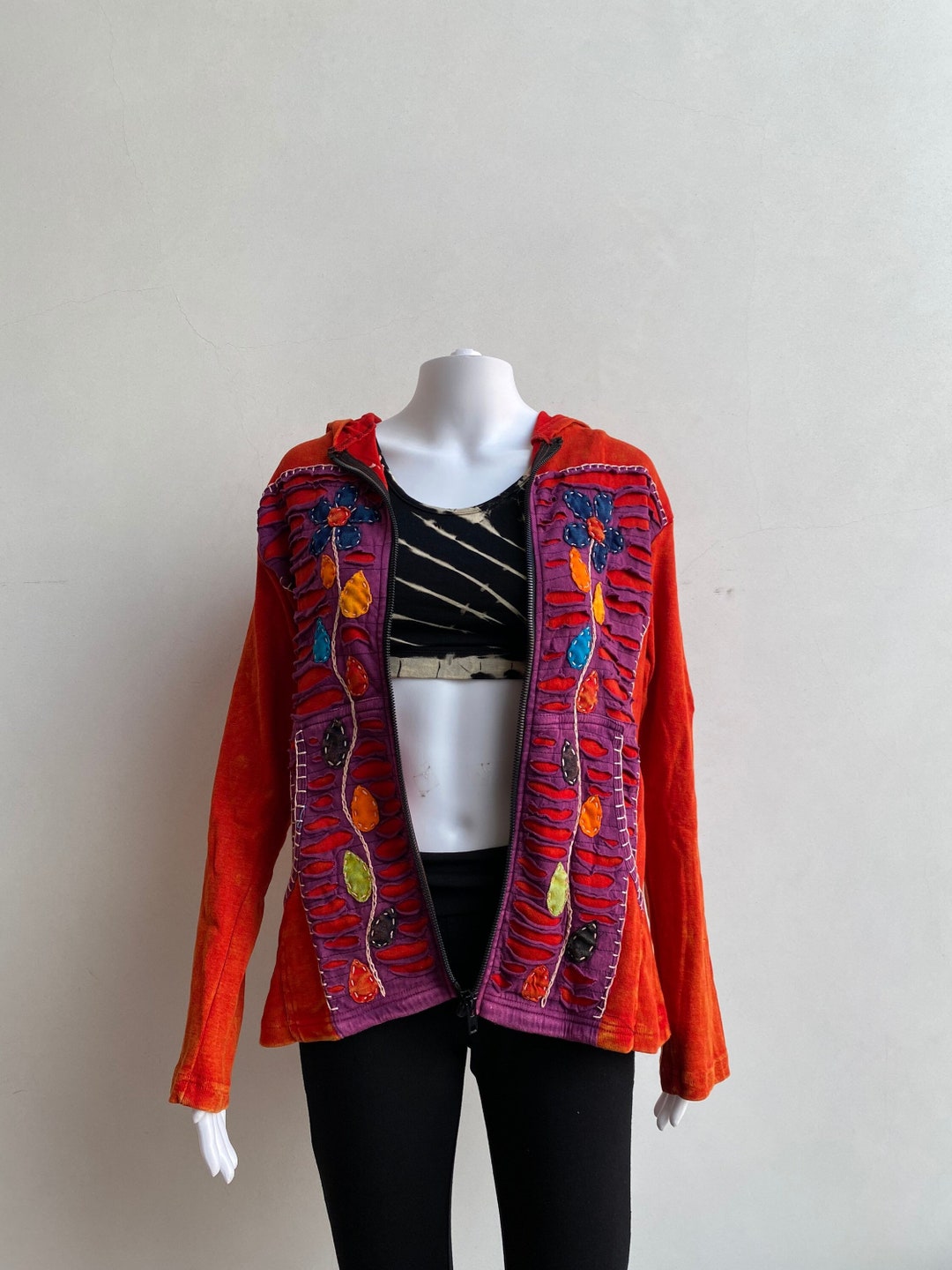 Nepali Hippie Sweater With Hoodie, Patchwork With Flower Embroidery ...