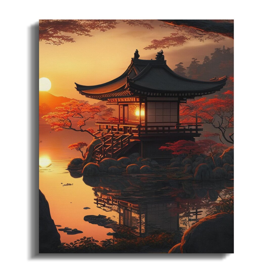 Japanese Temple Sunset Scenery Poster, Canva Wall Art, Tranquil Nature ...