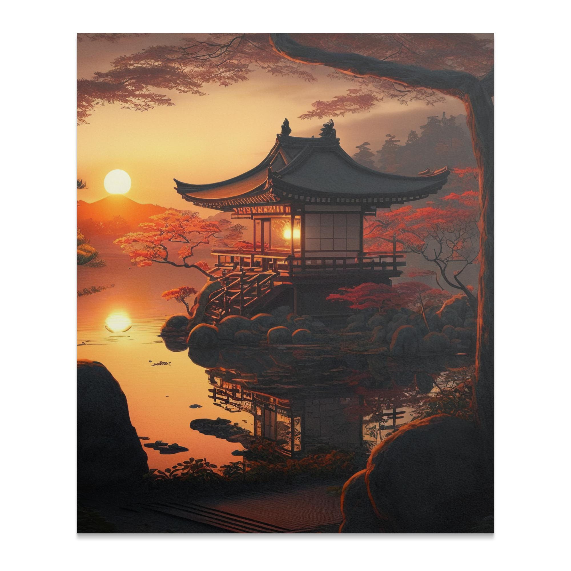 Japanese Temple Sunset Scenery Poster, Canva Wall Art, Tranquil Nature ...