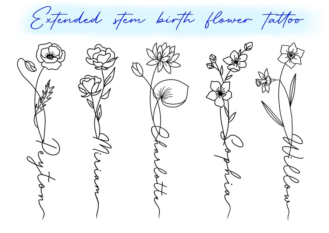 Custom Name Extended Stem Birth Flower | Birth Flower Gift | Tattoo ...
