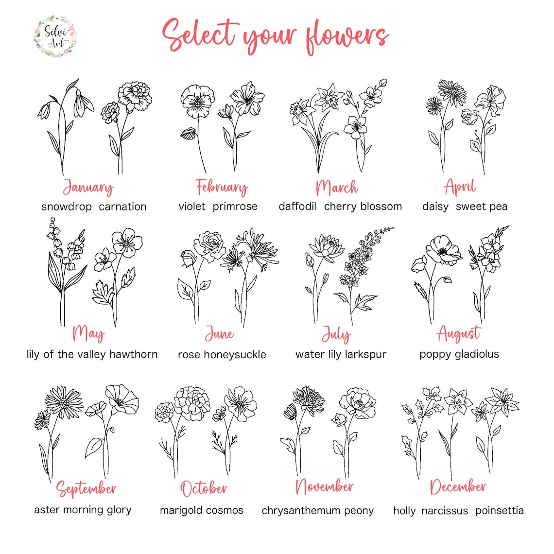 Custom Birth Month Flowers Bouquet | Digital Minimalistic Line Design ...