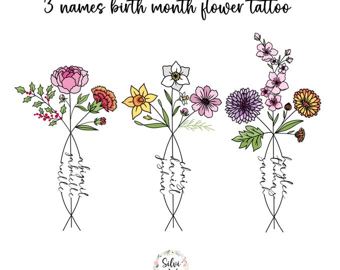 3 Names Birth Month Flowers Tattoo Art , Custom Name Design , Line Art ...