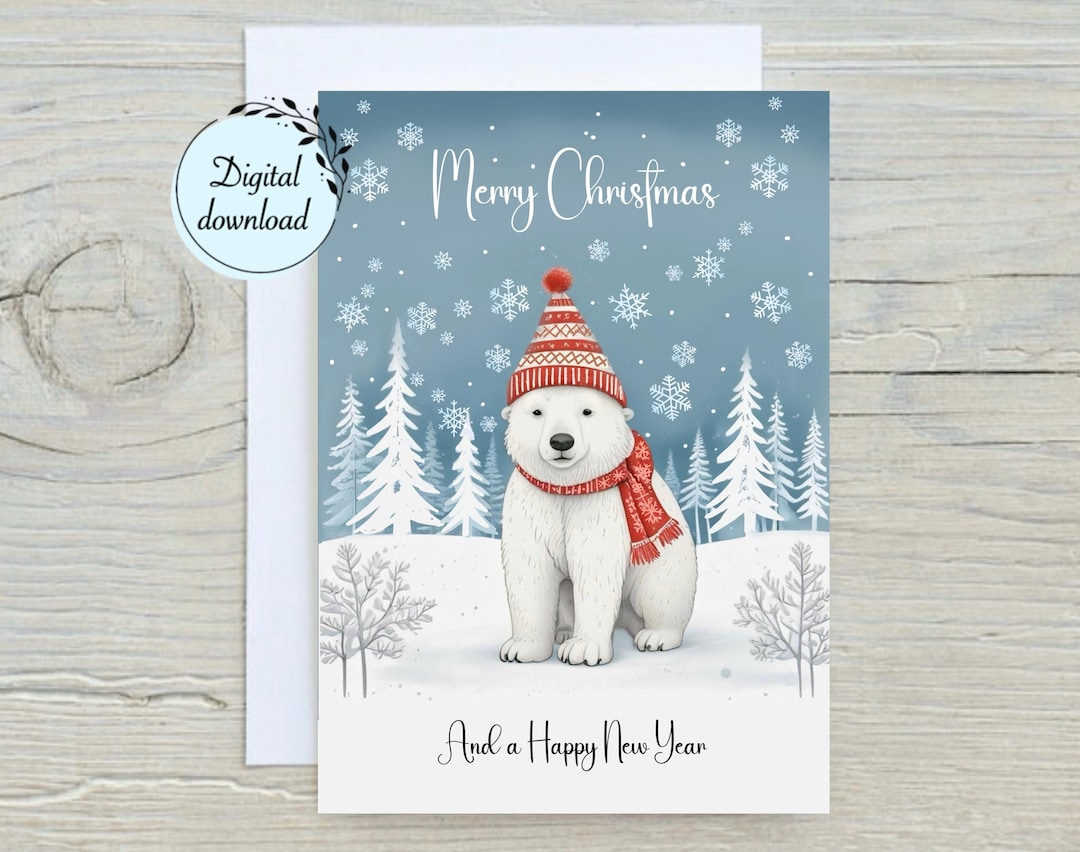 Printable Polar Bear Christmas Card | Adorable Cute Baby Polar Bear ...