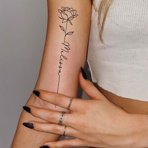 Custom Name Long Sleeve Birth Flower Tattoo | Floral Name Tattoo ...