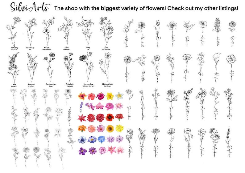 Custom Name Flower With Color | Birth Flower Gift | Tattoo Comission ...