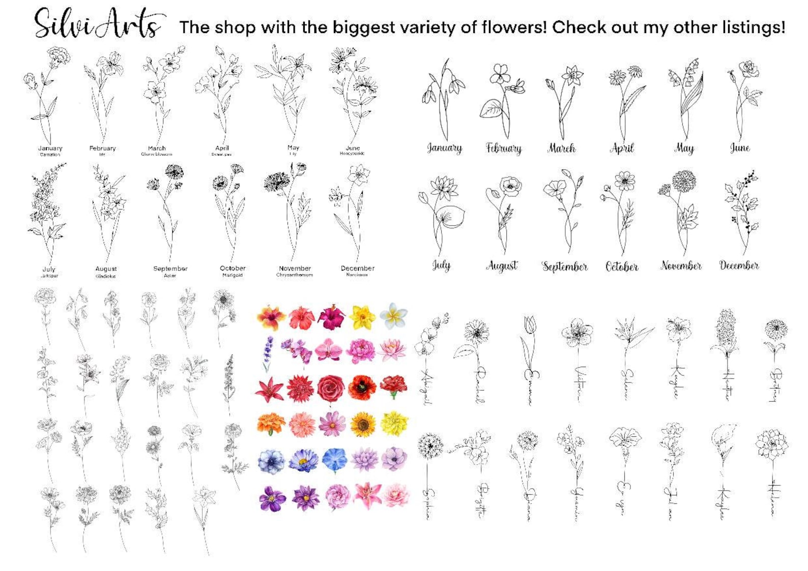 Custom Name Flower Birth Flower Gift Tattoo Comission SVG - Etsy