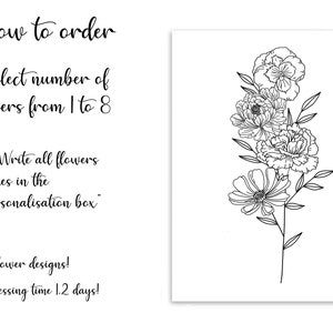 Custom 1 to 8 Birth Flower Bouquet | Black and White Birth Flowers Line ...
