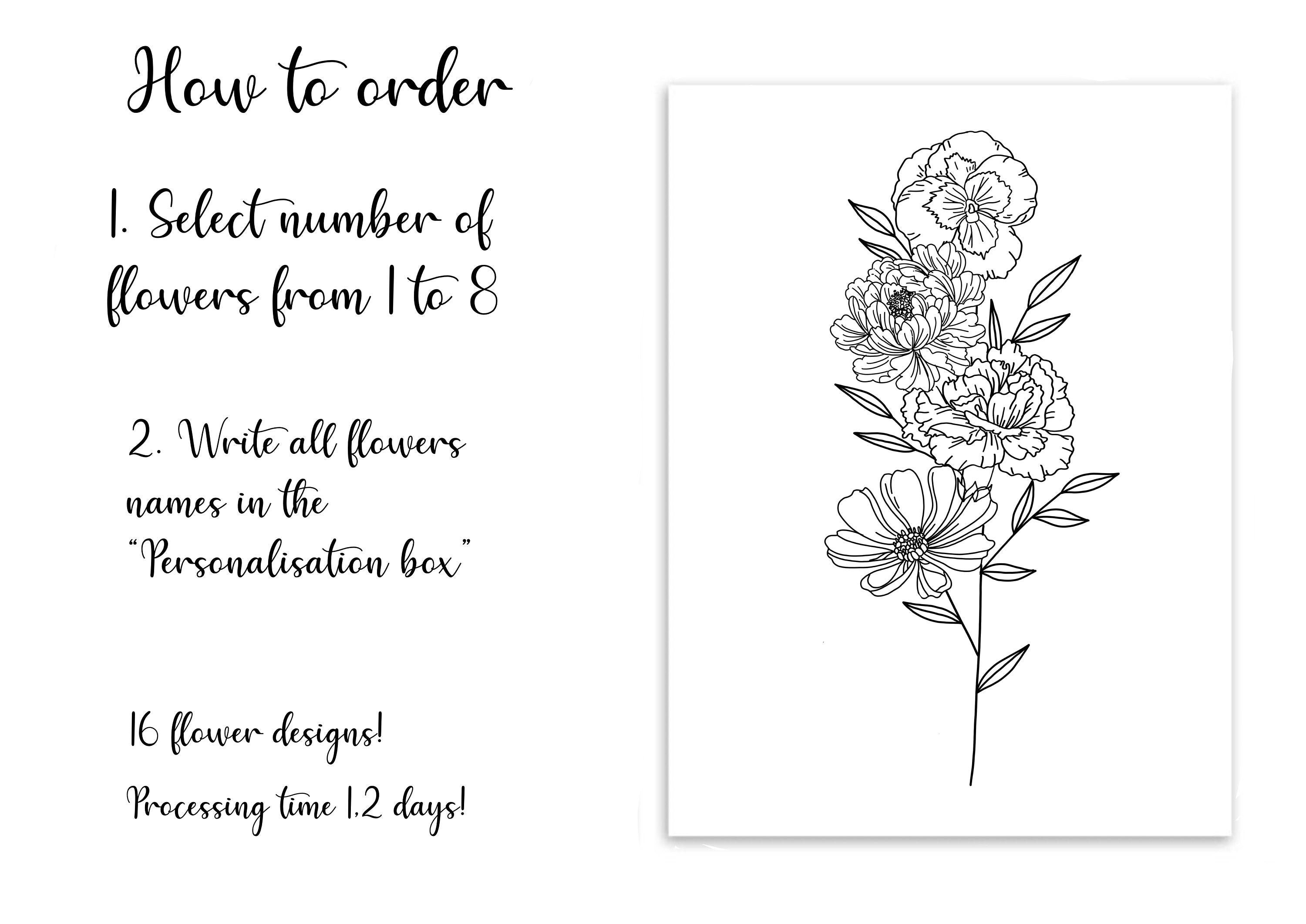 Custom 1 to 8 Birth Flower Bouquet | Black and White Birth Flowers Line ...